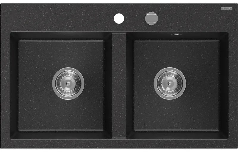 Mexen Hektor, 2-komorový granitový dřez 800x480x205 mm, černá-stříbrná metalíza, chromový sifon, 6521802000-73