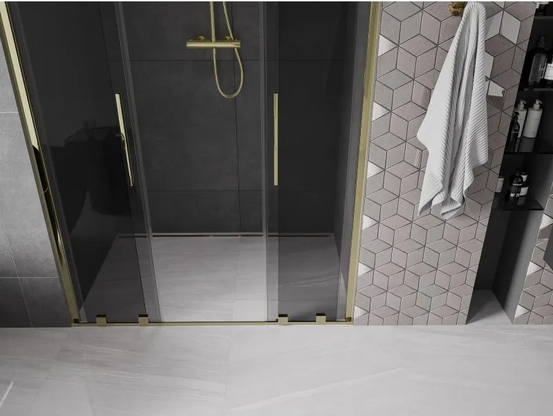 Mexen Velar L Duo, posuvné sprchové dveře do otvoru 150 cm, 8mm šedé sklo, zlatá lesklá, 871-150-003-42-50