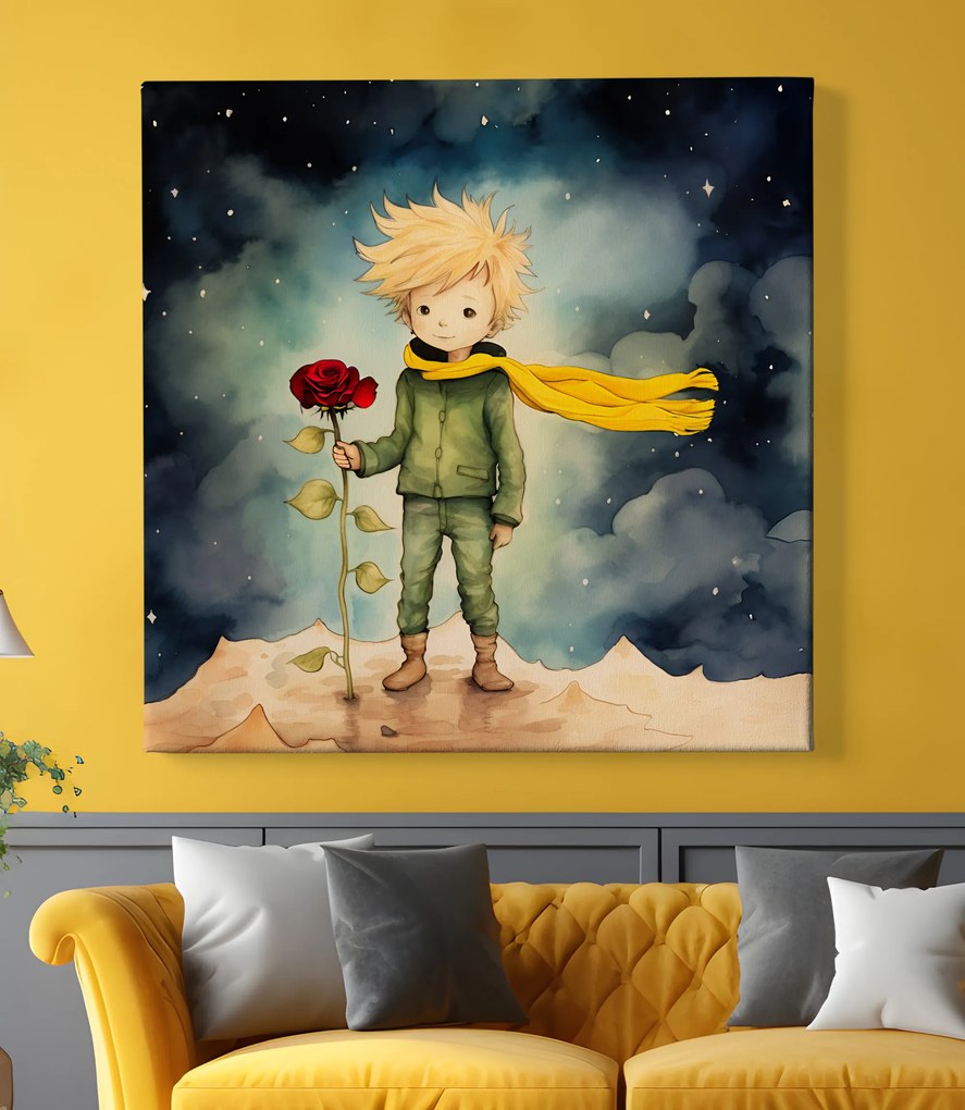 Obraz na plátně - Malý princ na své planetce s milovanou růží (cartoon) FeelHappy.cz Velikost obrazu: 60 x 60 cm