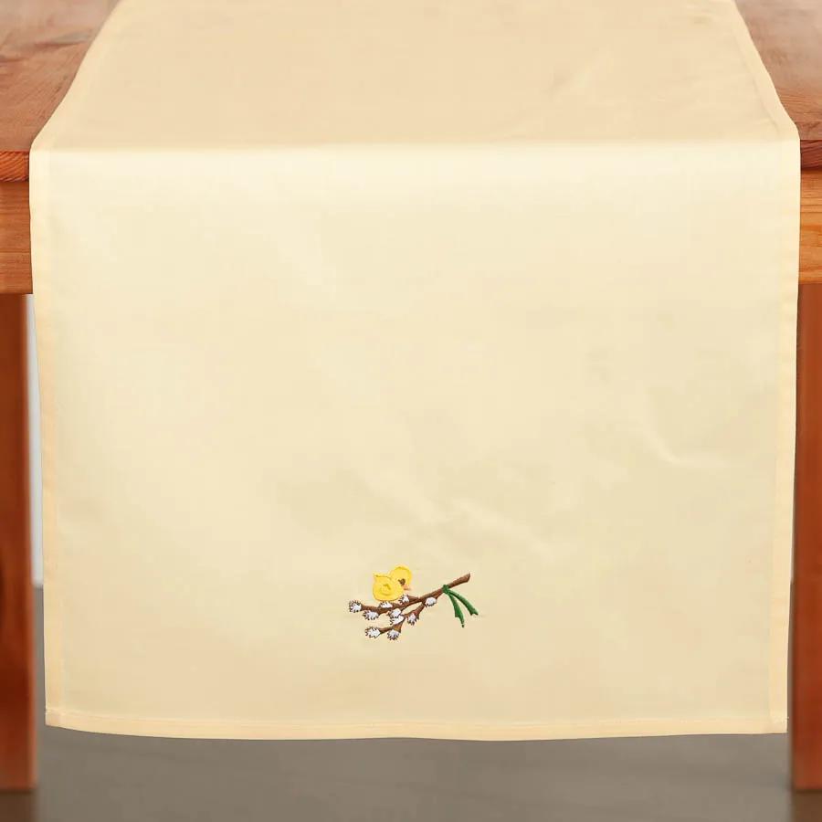 Ubrus Veba GAMA bavlněný satén žlutá s výšivkou Kuřátko Velikost: 40x180 cm