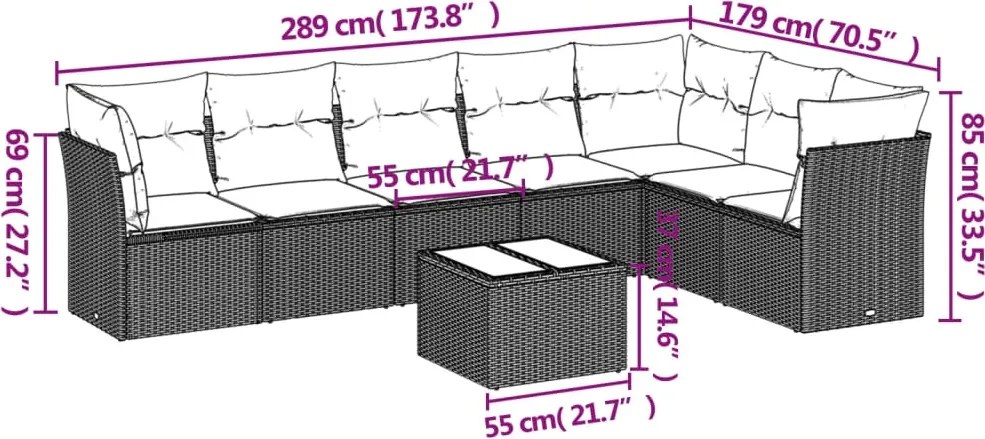 8dílná zahradní sedací souprava s poduškami černá polyratan 3217746