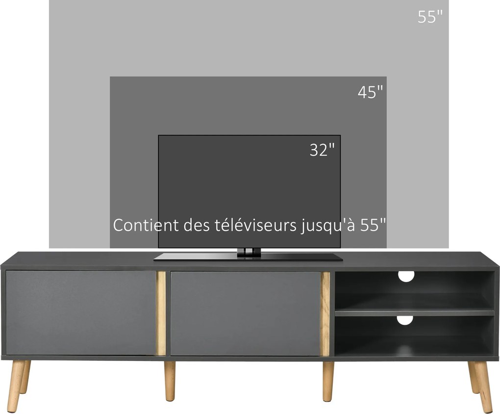 HOMCOM TV Stánek pro televizory do 55 palců, skandinávský design, 2 dveře, 2 police s vedením kabelů, 150 x 35 x 45 cm, tmavě šedá