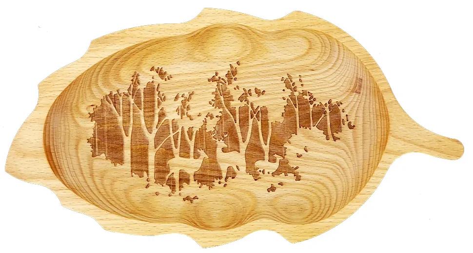 AMADEA Dřevěná miska list s gravírem, masivní dřevo, 34 cm