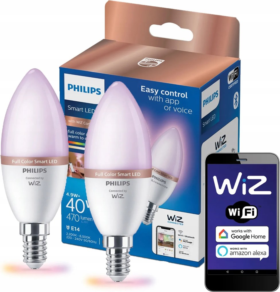 2x Led žárovka E14 4.9W Rgb Inteligentní Smart WiFi Aplikace WiZ Philips