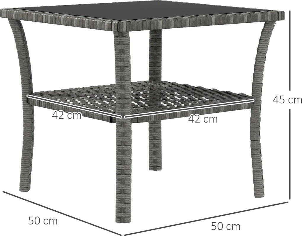 Polyratanový zahradní stolek, 50 x 50 x 45 cm, odolný proti povětrnostním vlivům, pro 4 osoby, čtvercový se skleněnou horní policí