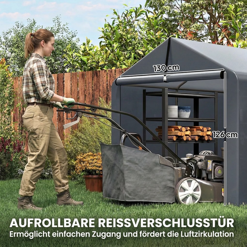 Outsunny 1,62 × 2,22 m voděodolný zahradní úložný stan s rolovacími zipovými dveřmi, sedlová střecha, ocelový rám, UV-odolný — tmavě šedý
