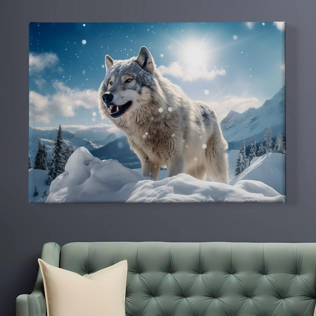 Obraz na plátně - Vlk se rozhlíží po krajině FeelHappy.cz Velikost obrazu: 180 x 120 cm