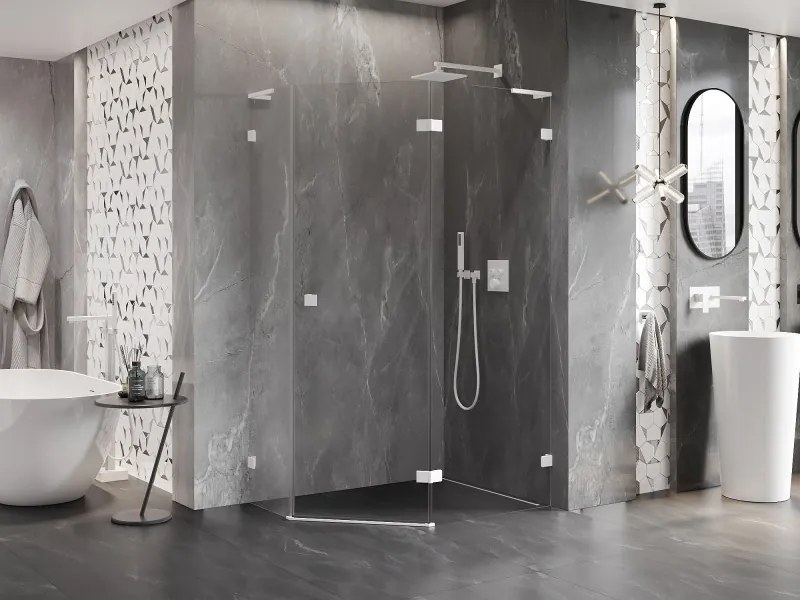 Mexen Lunar, L pravý výklopný pětiúhelníkový sprchový kout 90 x 80 cm, 8mm čiré sklo, bílý profil, 831L-090P-080L-20-00-P