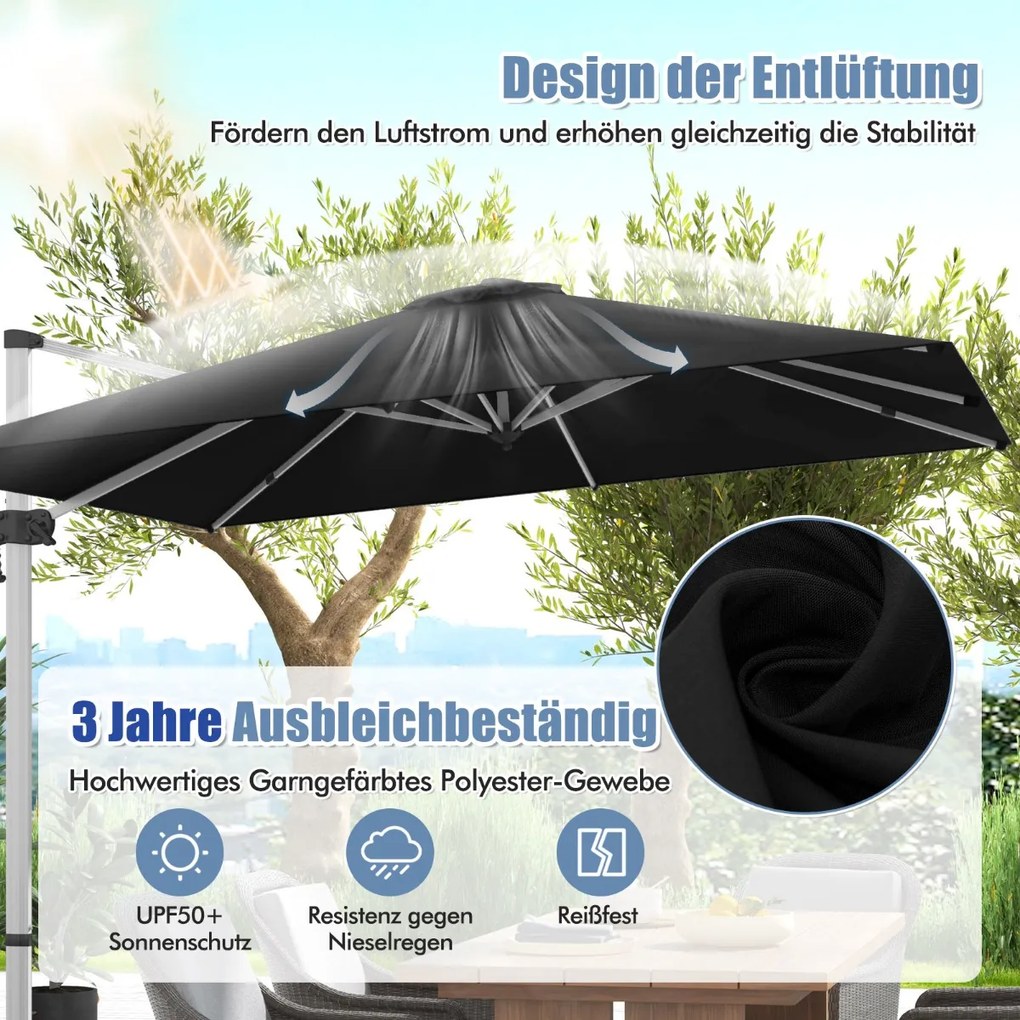 Costway Slunečník obdélníkový s klikou – 300 × 300 cm, černý