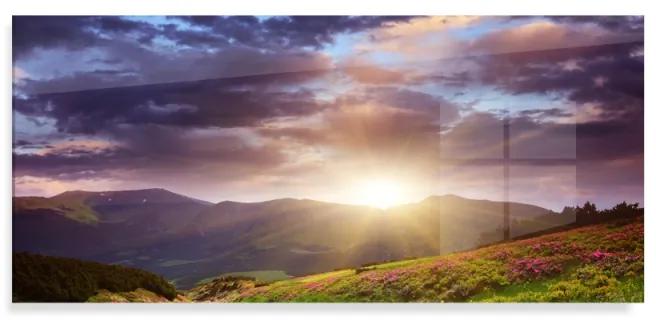 Skleněný obraz 110x50 - Východ slunce nad rozkvetlou loukou (EXTRA - s vyvrtanými dírami) - Sablo.cz