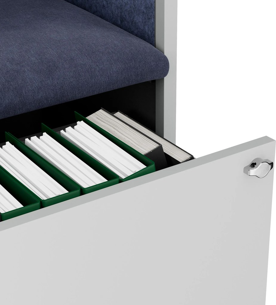 Kancelářská akustická kabina se sedátkem a USB-C portem, korpus šedý / sedák námořnická modrá, 600 mm: SALLY MentalBox
