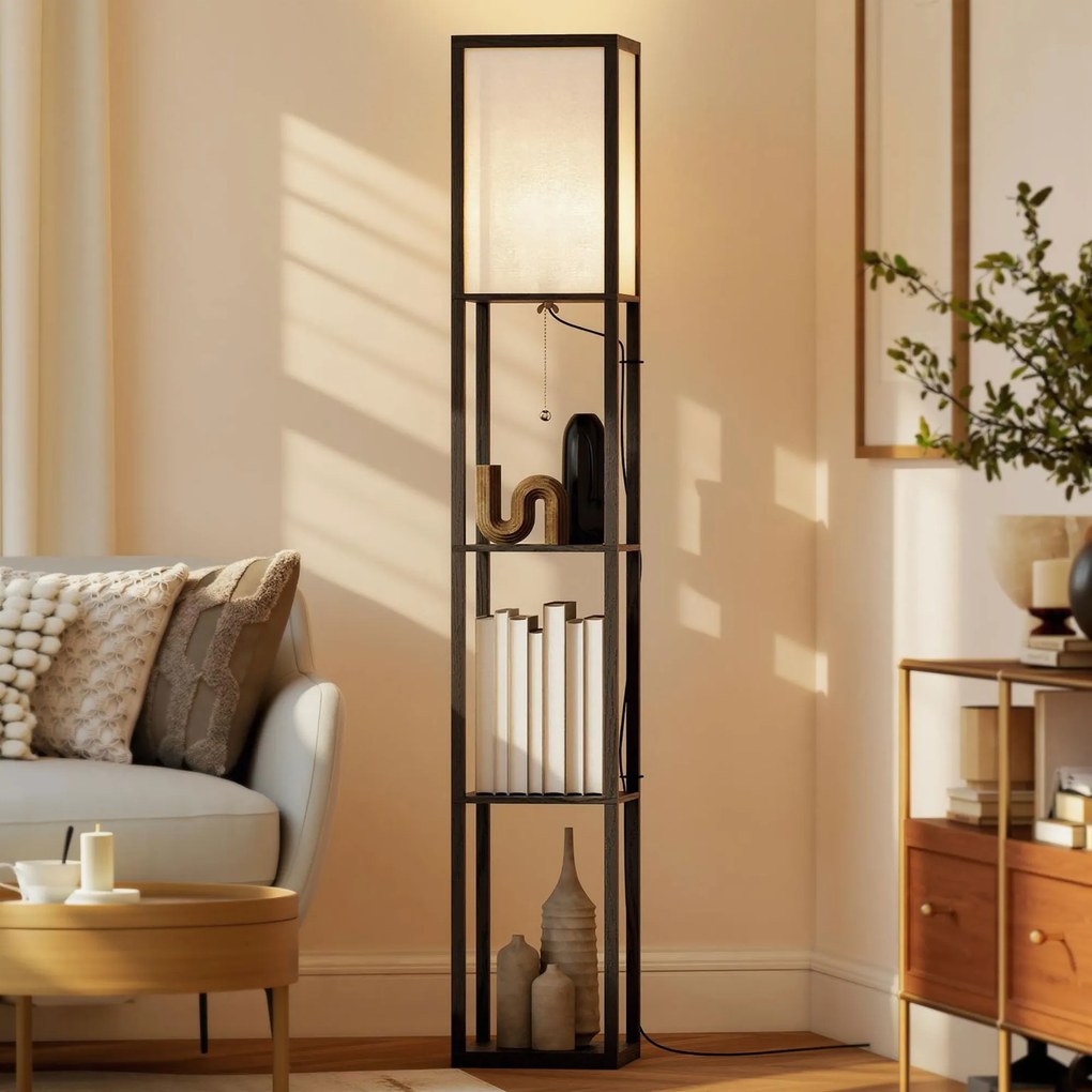 HOMCOM Stojací lampa s policemi E27 do 40 W bez žárovky, interiérové osvětlení do obývacího pokoje a ložnice, dřevo v černé barvě, 26x26x160 cm