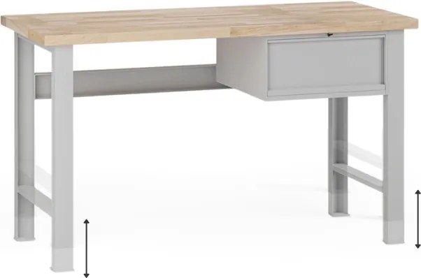 Výškově nastavitelný dílenský stůl G7, buková spárovka, 1500 x 800 x 840-1040 mm, 1x kontejner, 1 zásuvka, šedá