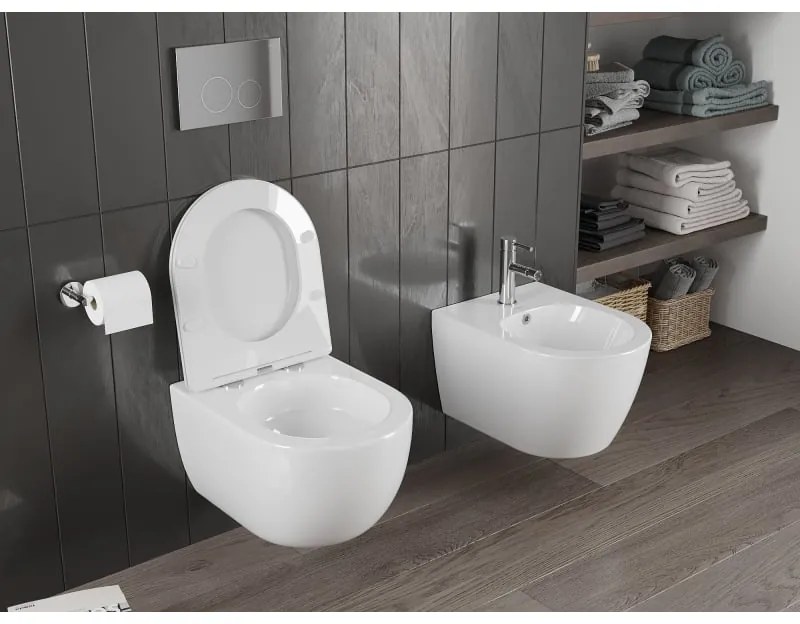 Mexen Carmen, závěsná WC mísa 490x365x340 mm, Rimless Tornádo + WC sedátko z duroplastu, bílá lesklá, 30880300T