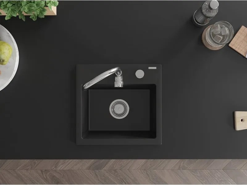 Mexen Milo granitový dřez 1-komorový 435 x 410 mm, černý, sifon chrom - 6505441000-77