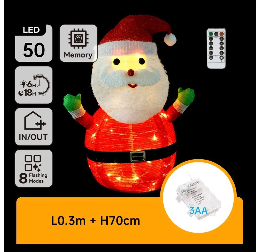 Aigostar - LED Vánoční venkovní dekorace 50xLED/3xAA 0,7m IP44 Santa Claus