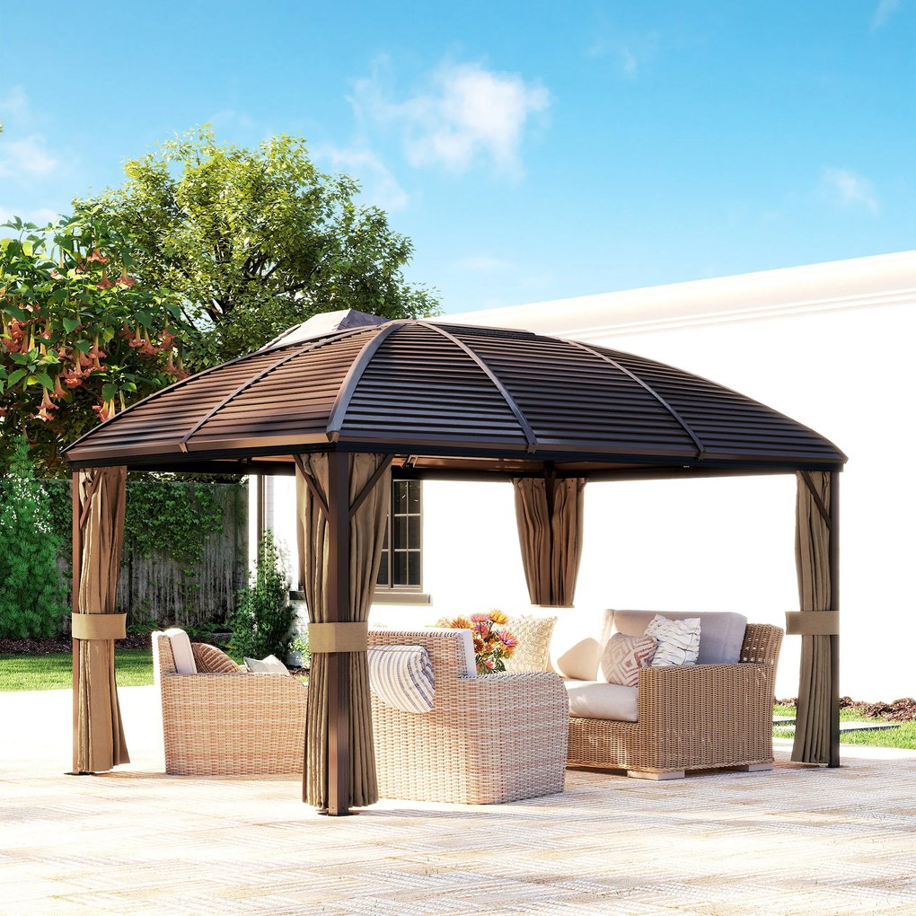 Zahradní altán 4×3 m s pevnou střechou, hliníkový pavillon, moskytiéra, bočnice, voděodolný, hnědý
