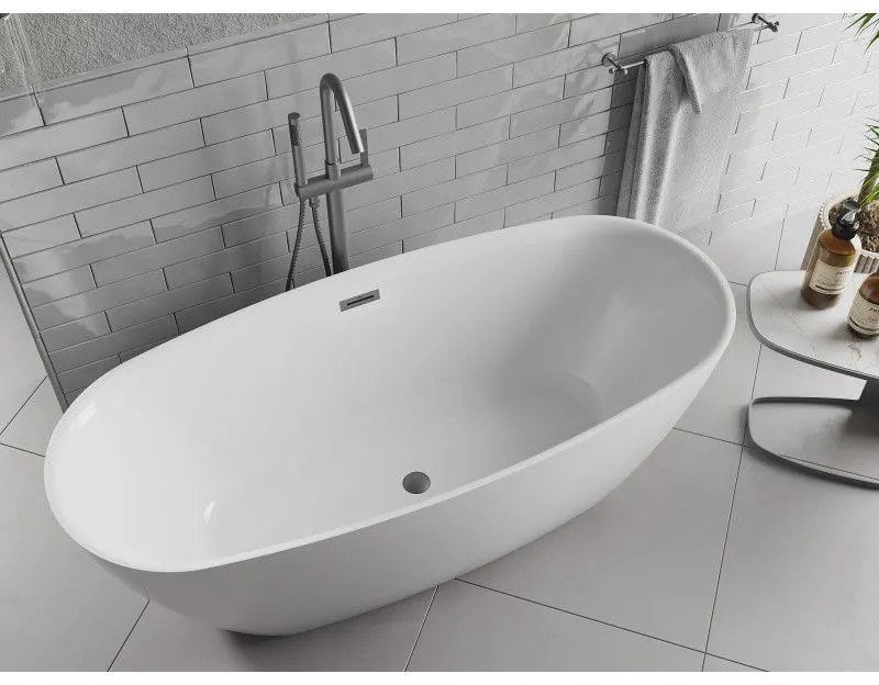 Mexen Luvo Slim, volně stojící vana 170 × 75 cm, bílá lesklá, grafitový přepad, 52801707500-95