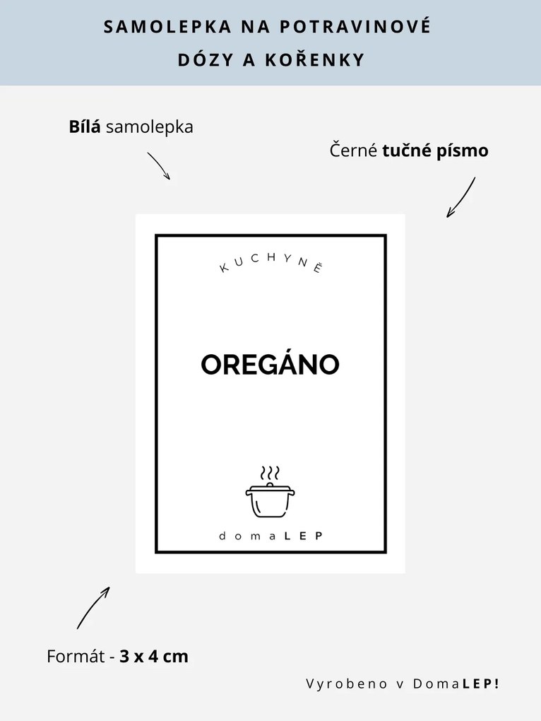 Samolepka na kořenky OREGÁNO bílá 3 × 4 cm tučné písmo