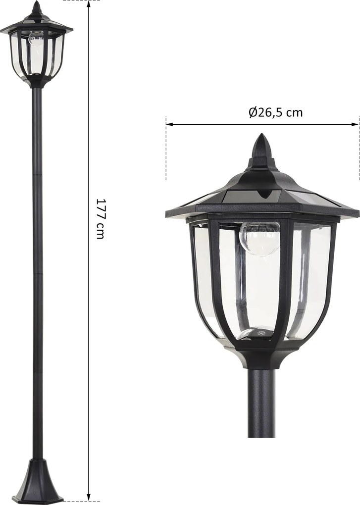 Zahradní solární světlo Outsunny LED zahradní lucerna 30/60 lumenů, černý plast, Ø26,5 x H177 cm, ideální pro zahradu a terasu | Aosom.de
