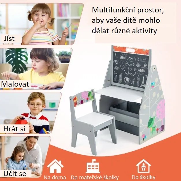 Dětský víceučelový oboustranný stojan na kreslení 3v1 se stoličkou, šedý TP10174GR