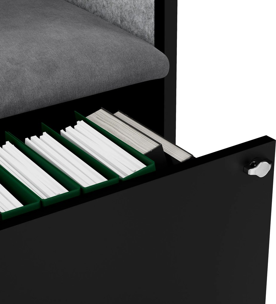 Kancelářská akustická kabina se sedátkem a USB-C portem, korpus černý / sedák šedá, 600 mm: SALLY MentalBox