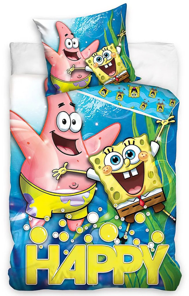 Jerry Fabrics dětské povlečení SPONGEBOB HAPPY, modré, bavlna hladká, 140x200cm + 70x90cm