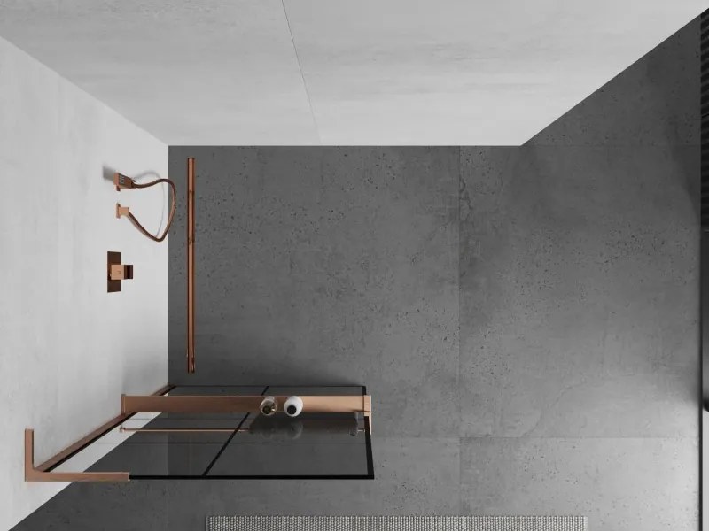 Mexen Kioto+ L, sprchová zástěna Walk-In s poličkou a věšákem 90 x 200 cm, 8mm čiré sklo černý vzor, ​​měděný matný profil, 800-090-123-65-77