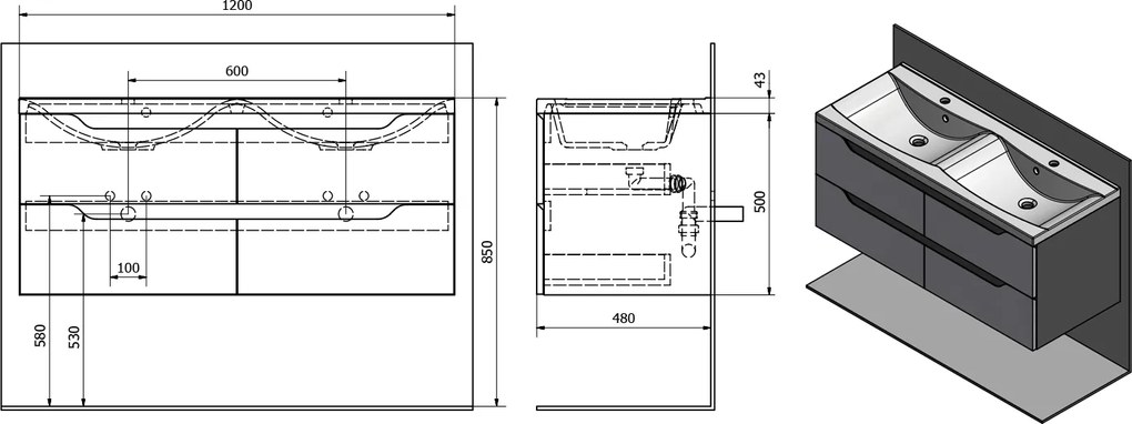 Sapho Sapho, WAVE dvouumyvadlová skříňka 119,7x50x47,8cm, bílá (WA121), WA120-3030