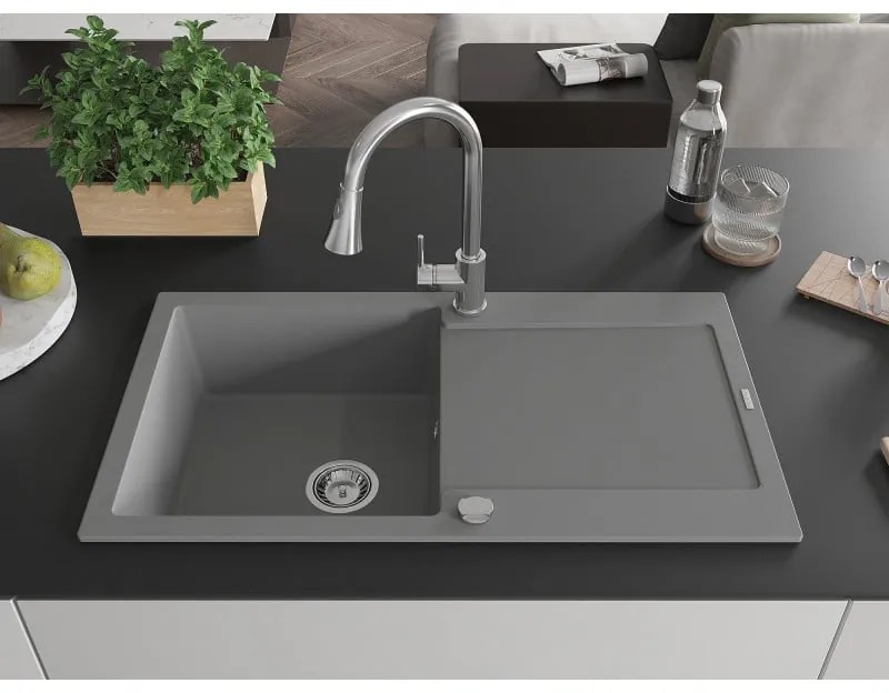 Mexen Leo, 1-komorový granitový dřez 900x500x190 mm a dřezová baterie Elia, šedá, 6501-71-670101-00