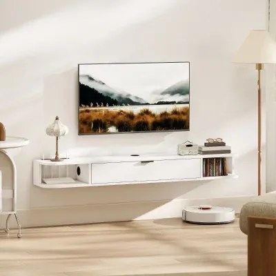 HOMCOM Závěsný TV nábytek, televizní nábytek pro televize až do 152,4 cm, výklopná zásuvka, 2 police, 140x24x16 cm, bílá