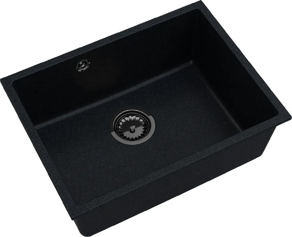 Sink Quality Crypton 60, kuchyňský granitový dřez 535x400x205 mm + černý sifon, černá skvrnitá, SKQ-CRY.B.1KBO.60.XB