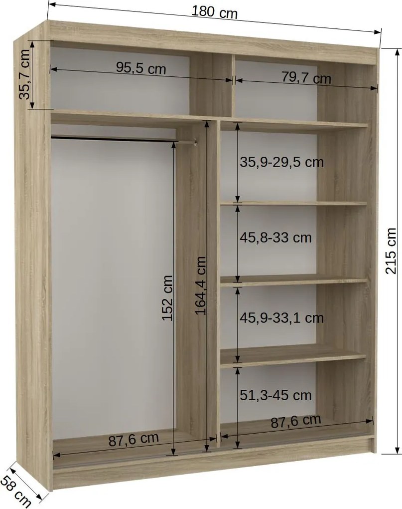 ADRK Furniture Posuvná skříň se zrcadlem a LED osvětlením MEDISON 180