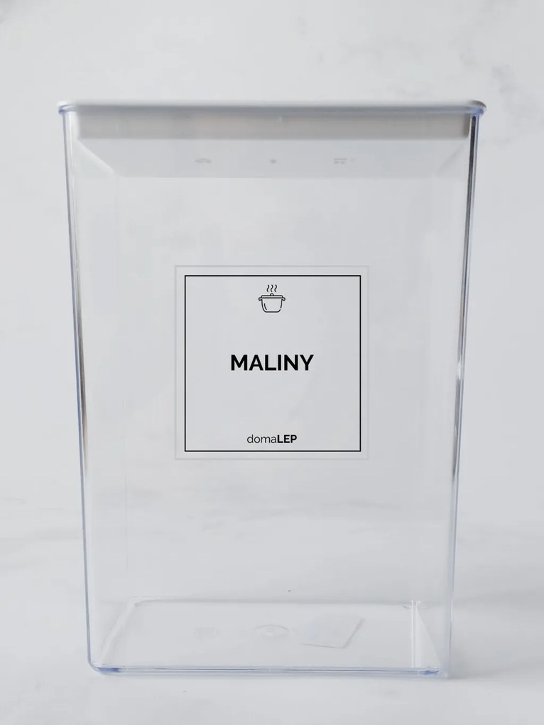 MALINY – průhledná samolepka na dózu, tučné písmo, 5 x 5 cm | DomaLEP