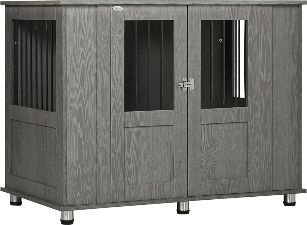 PawHut Domácí psí klec, klec pro domácí mazlíčky, vnitřní psí dům s zámkem, magnetickými dveřmi, okny, psí kotec pro extra velké psy, šedá, 114 x 60 x