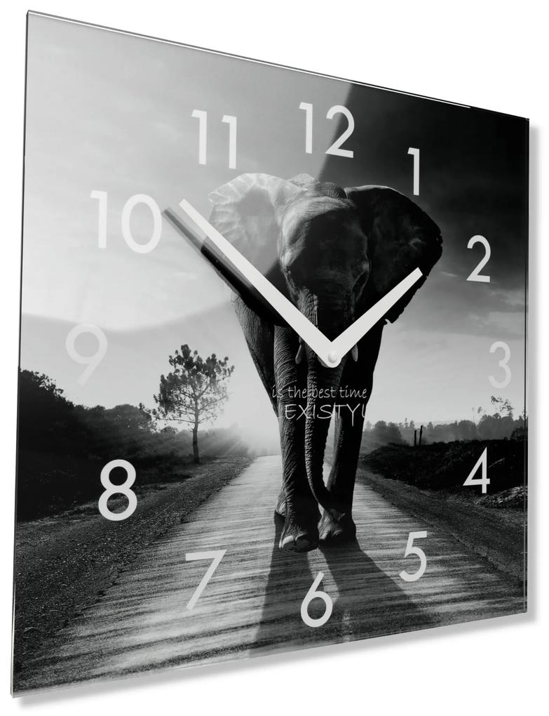Dekorační černobílé skleněné hodiny 30 cm s motivem slona