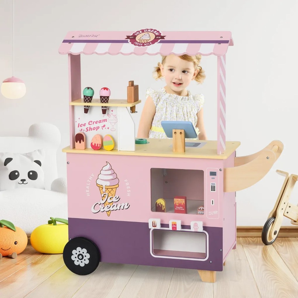 Costway Zmrzlinový náklaďák děti se zmrzlinou hračkářství dřevěný s výrobníkem