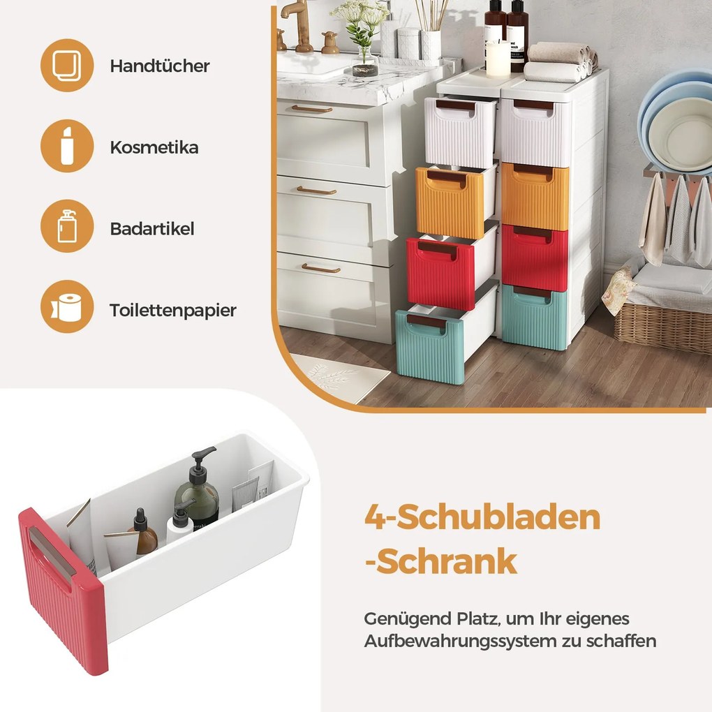 Costway Úzká koupelnová skříňka s 4 zásuvkami a kolečky výklenková police