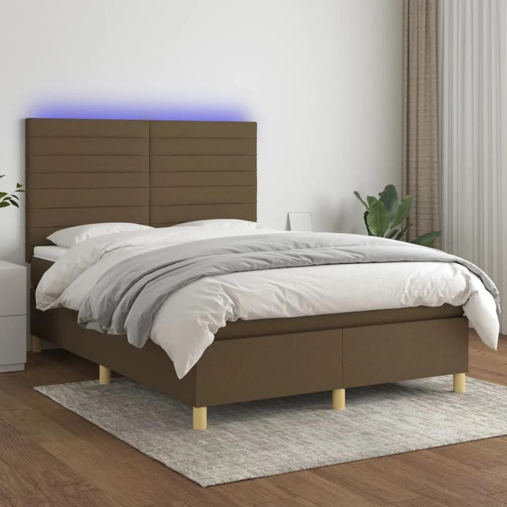 Box spring postel s matrací a LED tmavě hnědá 140x200 cm textil,  3135520