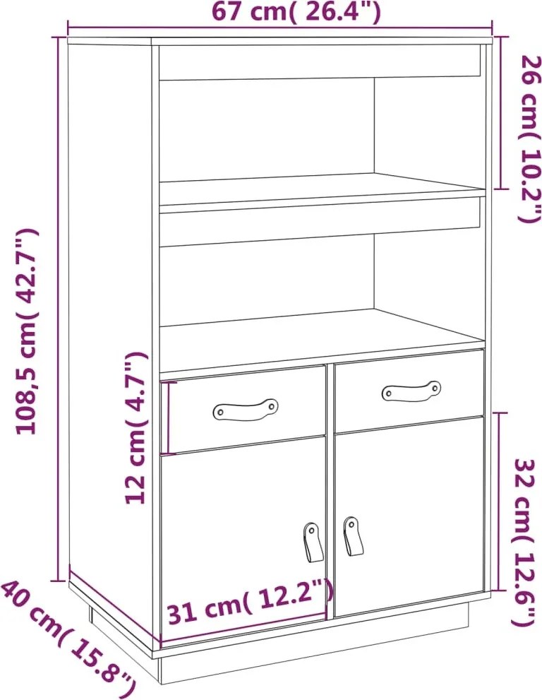 vidaXL Skříň highboard 67 x 40 x 108,5 cm masivní borové dřevo [820158] Barva: Bílá