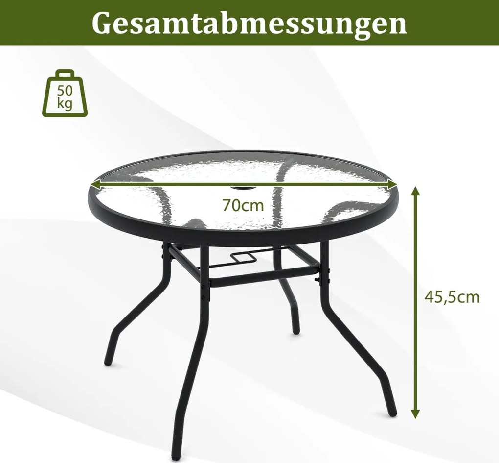 Costway Ø 70 cm Zahradní stůl s otvorem na deštník a skleněnou deskou Venkovní