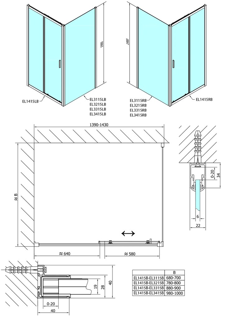 Polysan Polysan, EASY BLACK sprchové dveře 1400mm, čiré sklo, EL1415B