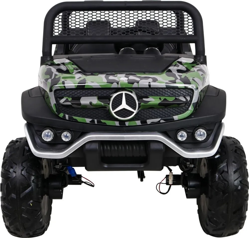 Ramiz Mercedes Benz Unimog elektrické autíčko pro děti maskáčové + pohon 4x4 + dálkové ovládání + nosič zavazadel + pomalý start + rádio MP3 + LED