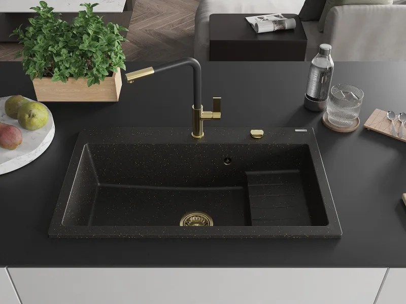Mexen Omar, 1-komorový granitový dřez 800x480x210 mm, černá-zlatá metalíza, zlatý sifon, 6520801005-75-G