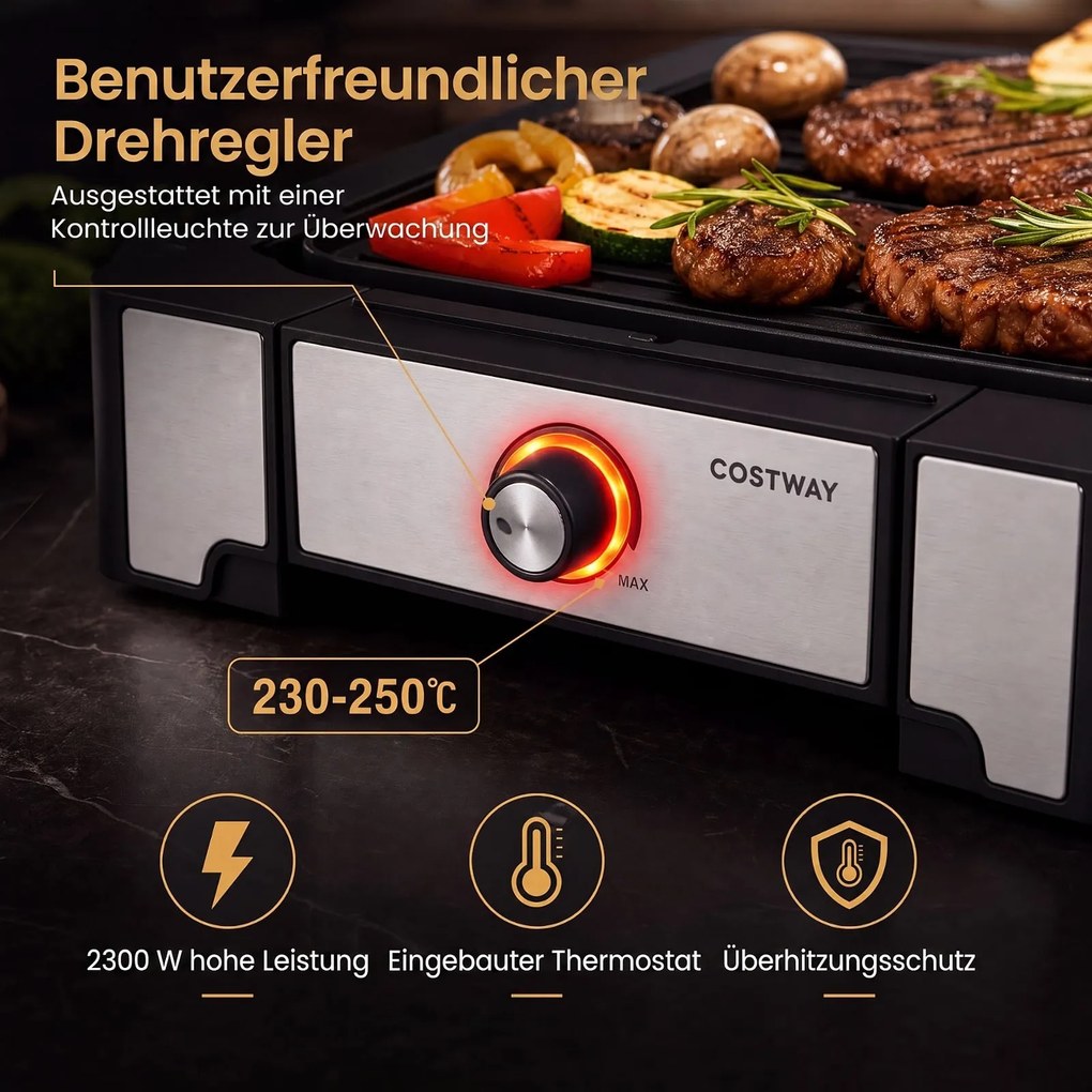 Costway Elektrický gril 2300 W stolní gril s plynulou regulací teploty