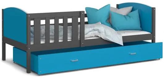 Dětská postel TAMI P 80x190 cm s šedou konstrukcí v modré barvě se šuplíkem