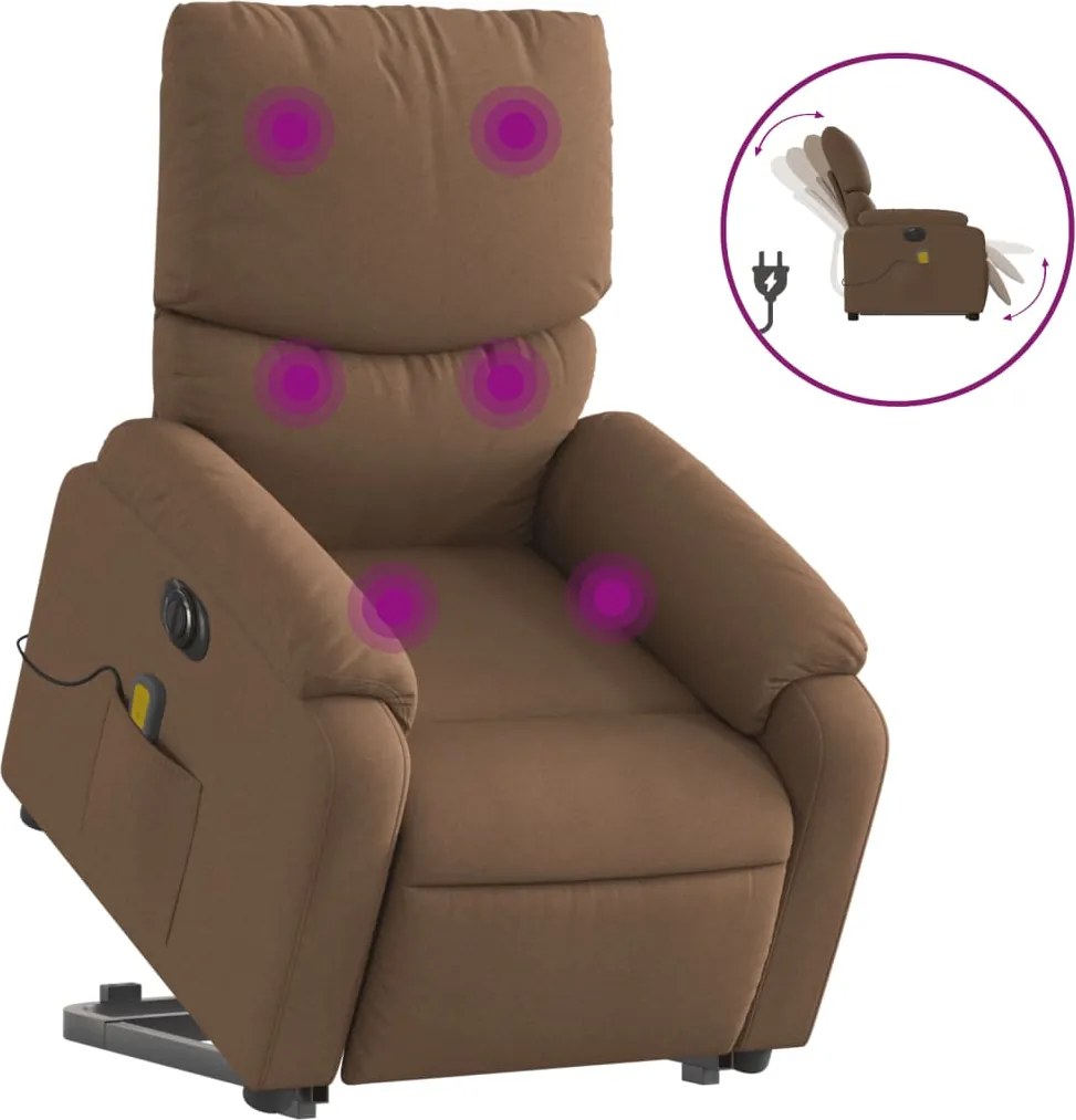 Elektrické zvedací masážní polohovací křeslo hnědé textil 3204864