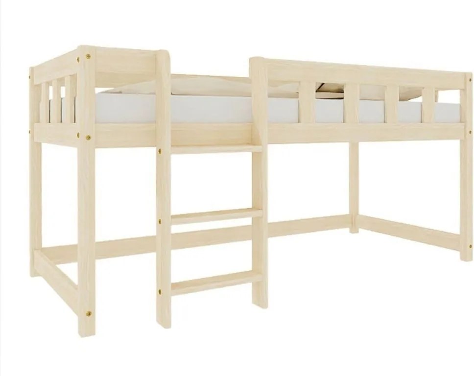 Benlemi Nízká vyvýšená postel PLOTTY s žebříkem 90x200 cm Zvolte barvu: Nelakovaná, Zvolte stranu: Vlevo, Zvolte variantu: Se závěsem