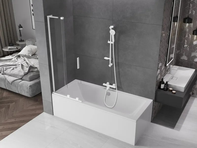 Mexen Velar L, 2-křídlová posuvná vanová zástěna 75 x 150 cm, 8mm čiré sklo, bílý profil, 896-075-003-01-20