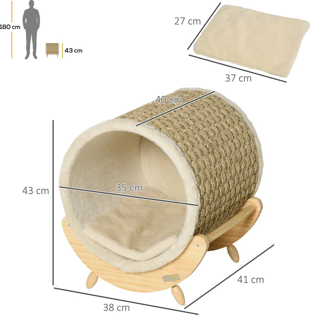 PawHut Kočičí Doupě Kočičí Postel s Policí Kočičí Domek s Škrabacím Padem Vnitřní Borové Dřevo Flanel Khaki+Přírodní Béžová 41 x 38 x 43 cm